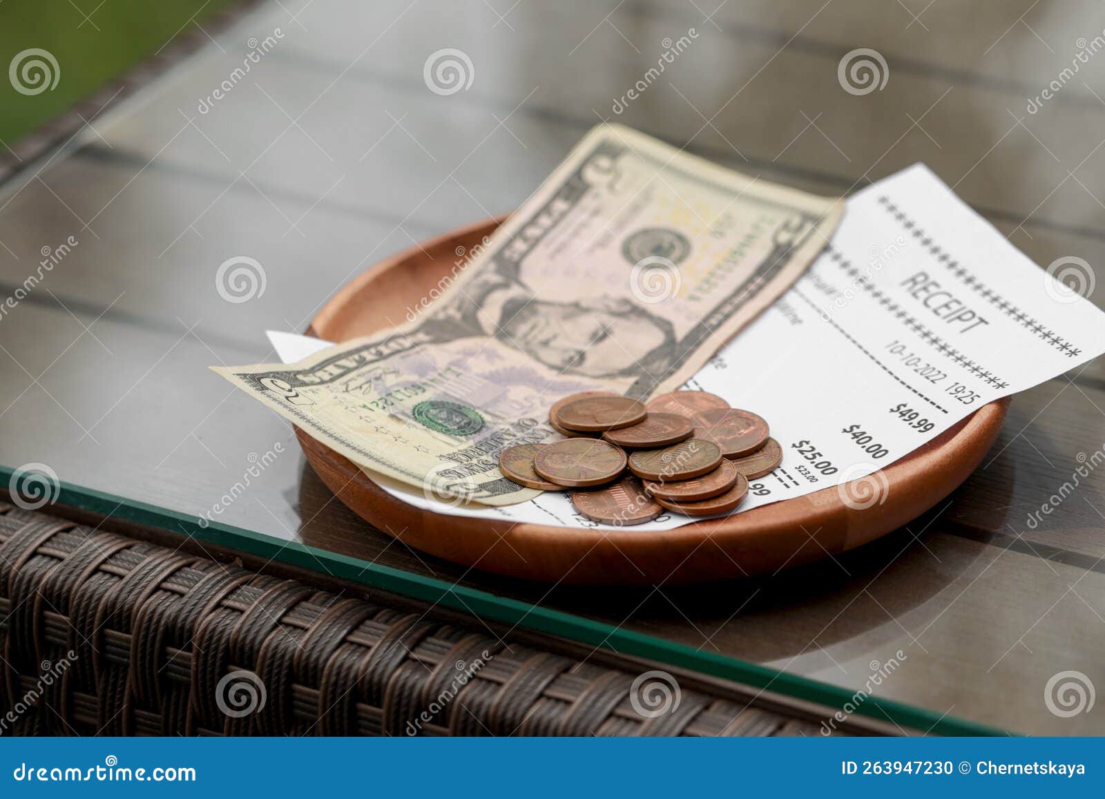 Tips and Receipt on Wooden Table, Closeup Stock Photo - Image of ...