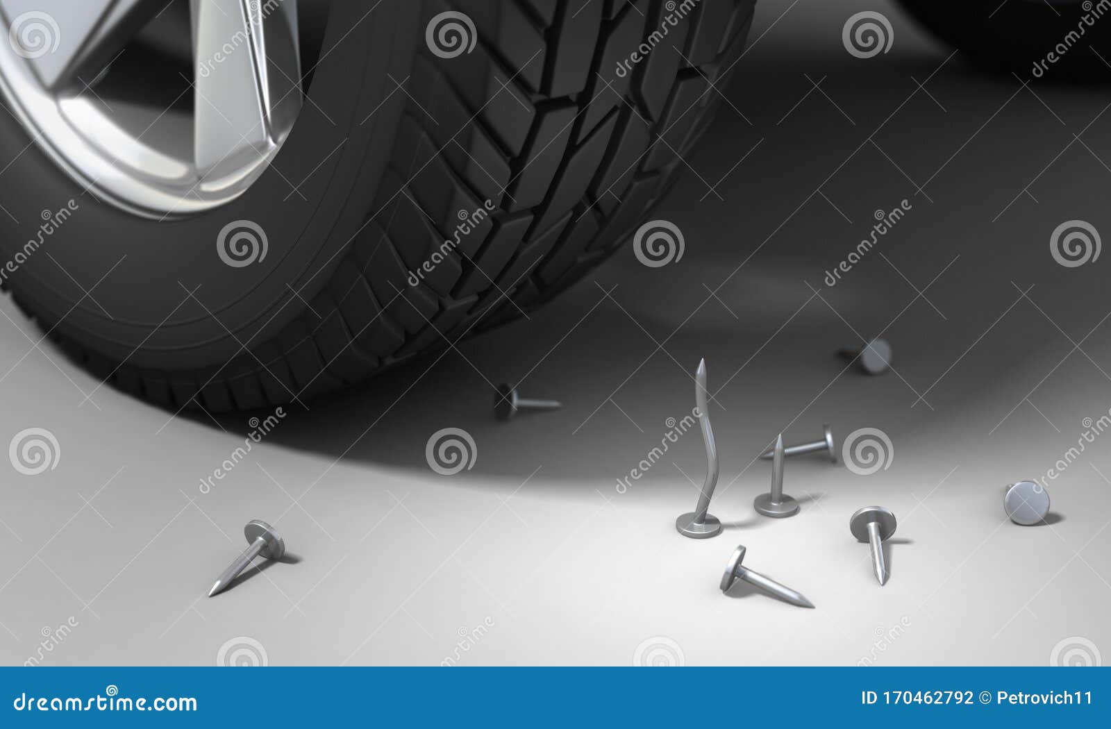 Car Wheel and Nails on Road Stock Illustration - Illustration of road ...