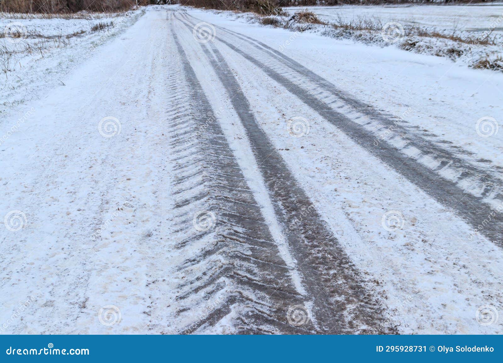 Tire Tracks on Icy Road Covered with Snow Stock Image - Image of nature ...