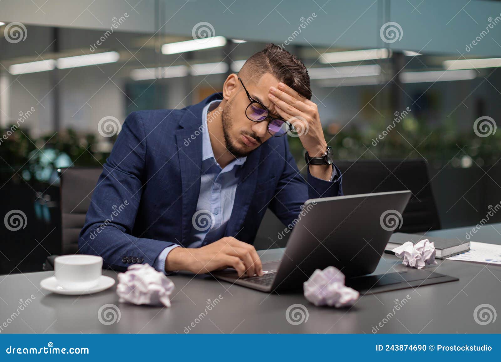 Tired Arab Man Project Manager Sitting in Front of Computer Stock Photo ...