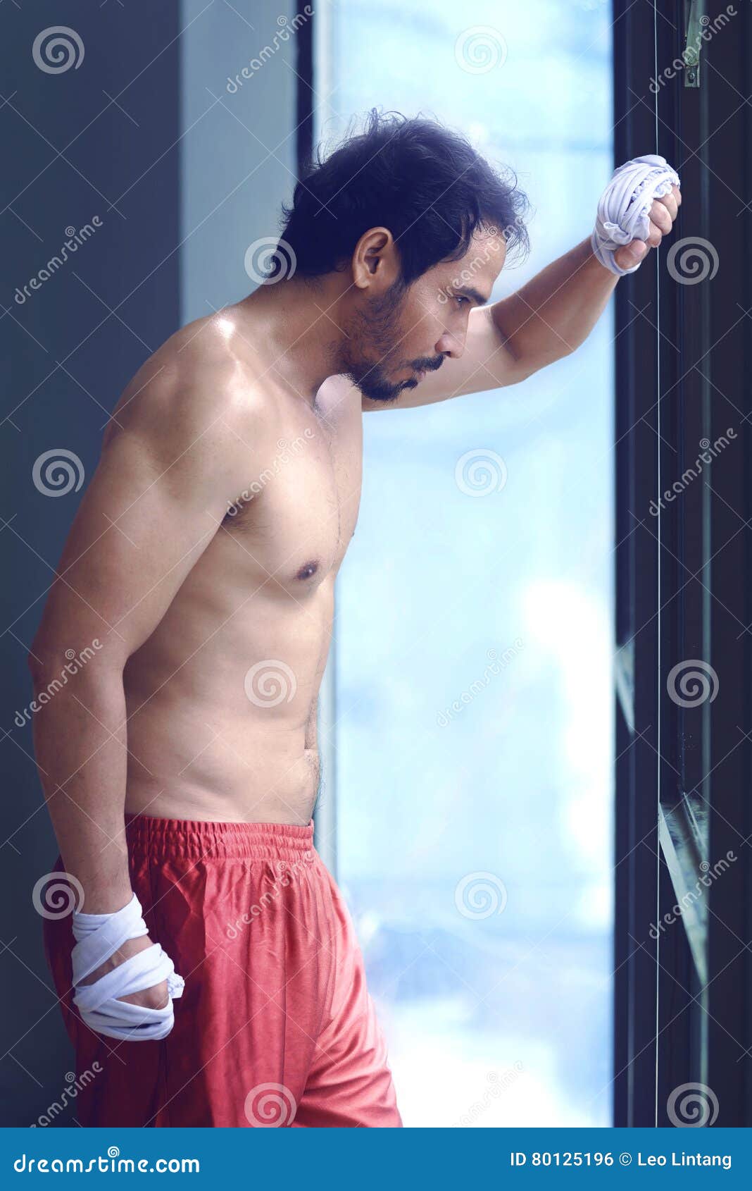 Tired Asian Athlete Boxer Exhausted of Workout with Breathing Ha Stock ...