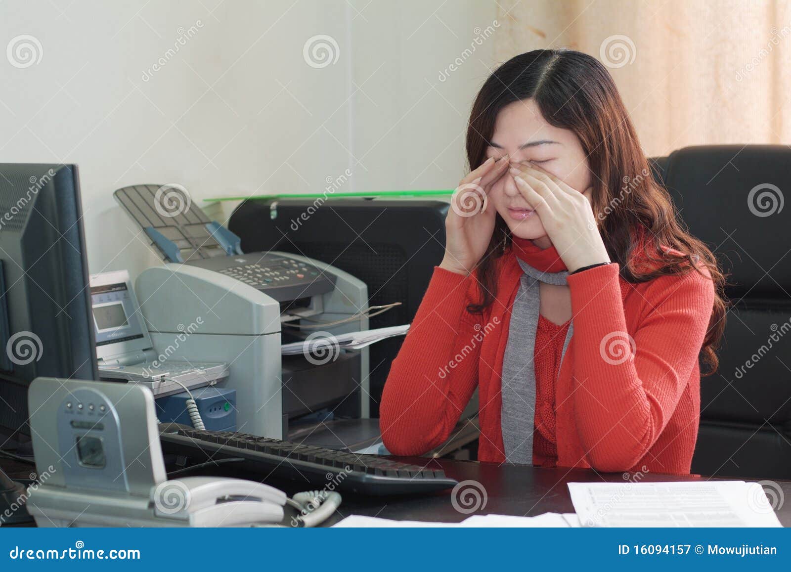 Tired Asian businesswoman stock image. Image of hands - 16094157