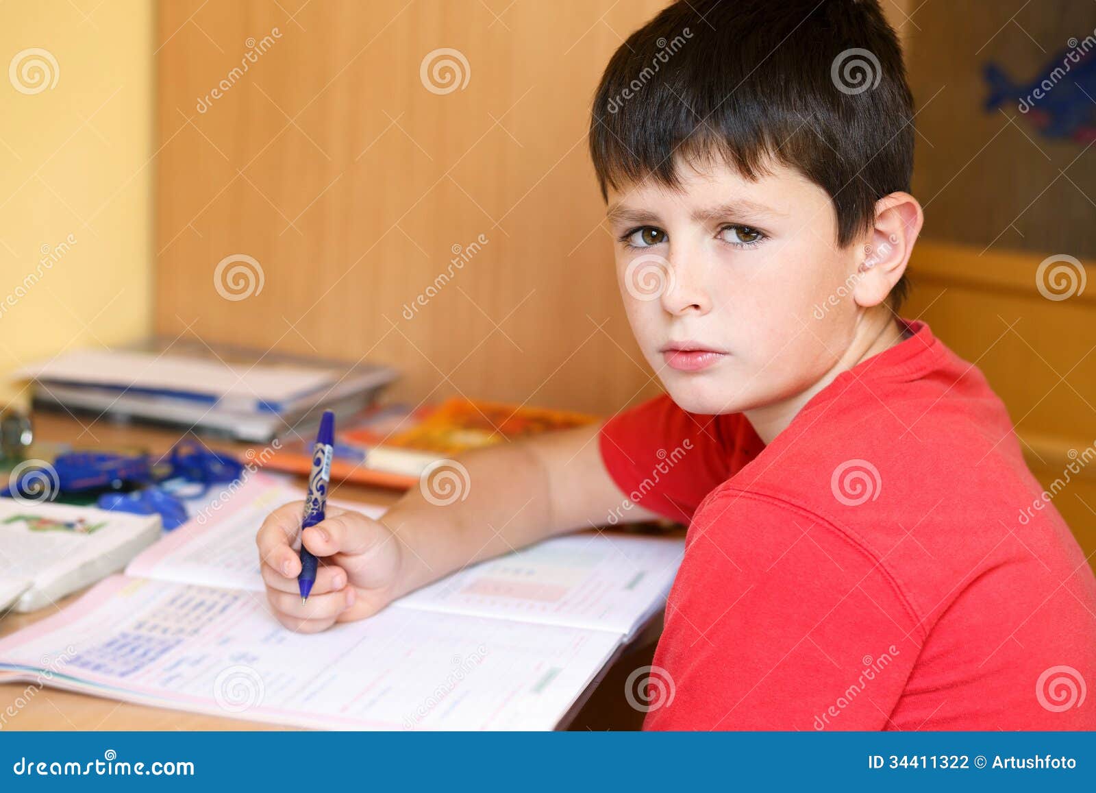 Tired and Bored Boy Doing School Homework Stock Photo - Image of ...