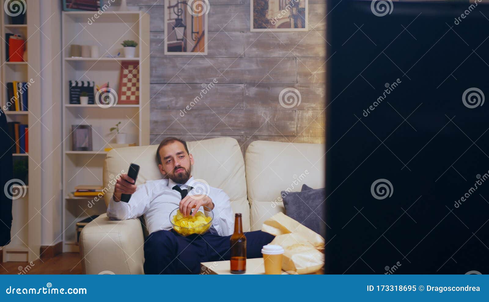 Tired and Bored Businessman with Tie Relaxing Watching Tv Stock Image ...