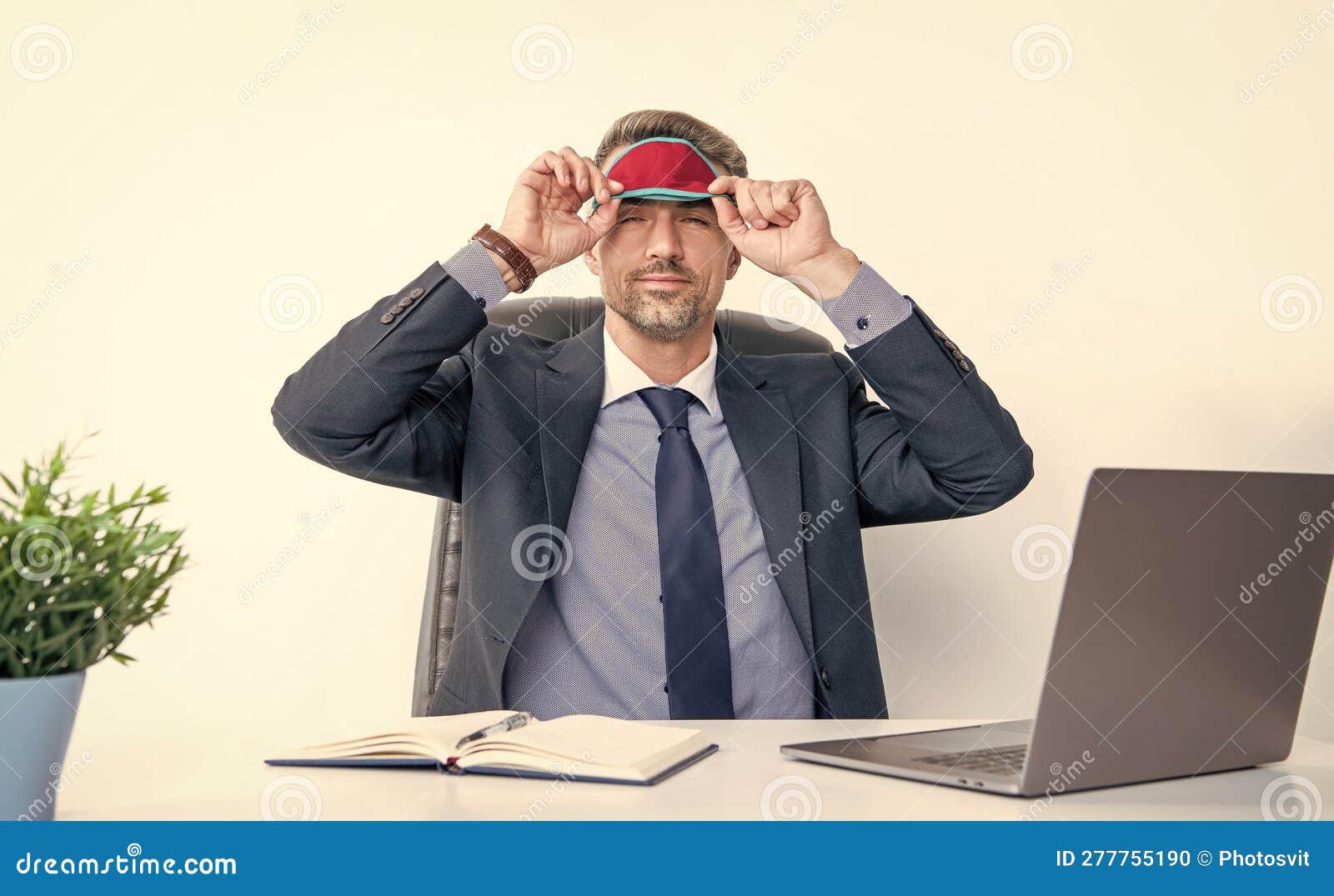 Tired Boss Need a Break Wearing Sleep Mask at Workplace Stock Photo ...