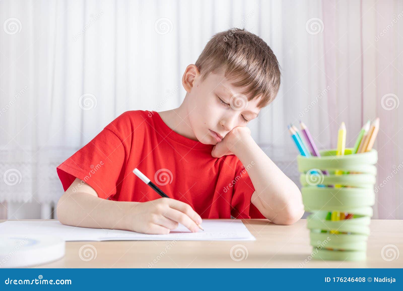 Tired Boy Doing Homework, School Concept Image Stock Photo - Image of ...