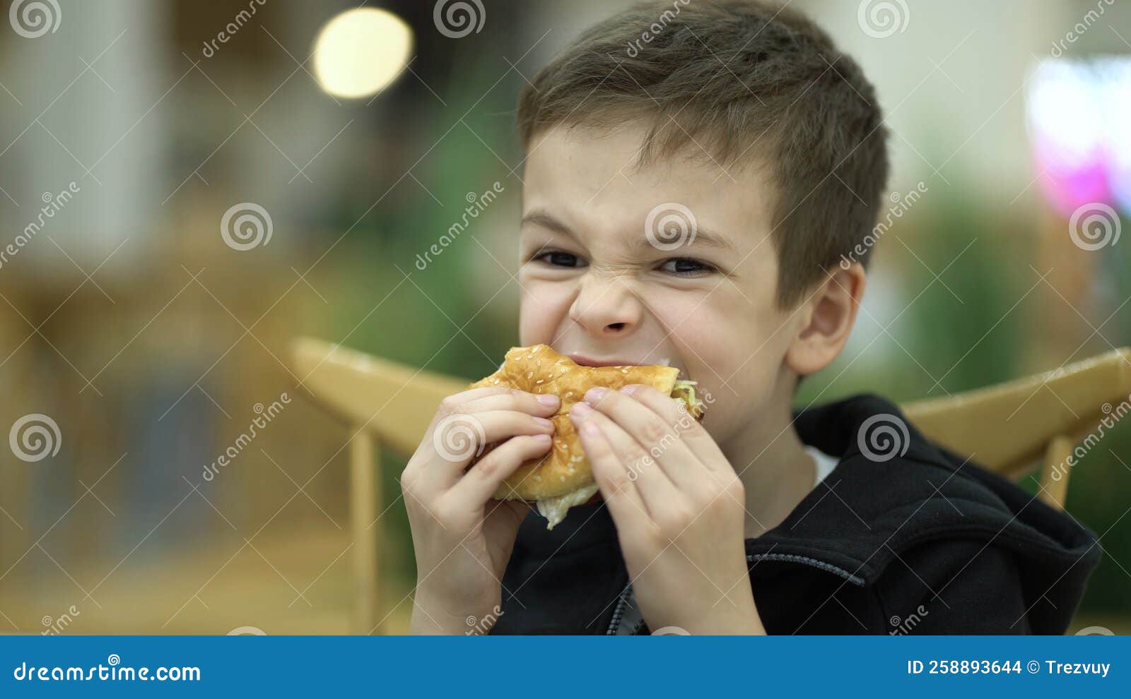 Tired Boy Eating a Burger for Lunch. Stock Photo - Image of hand ...