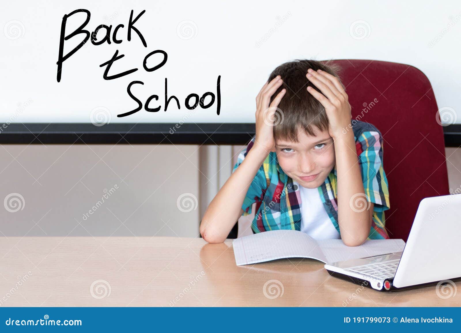 Tired Boy Holding His Head To Do Homework. Child with Learning ...