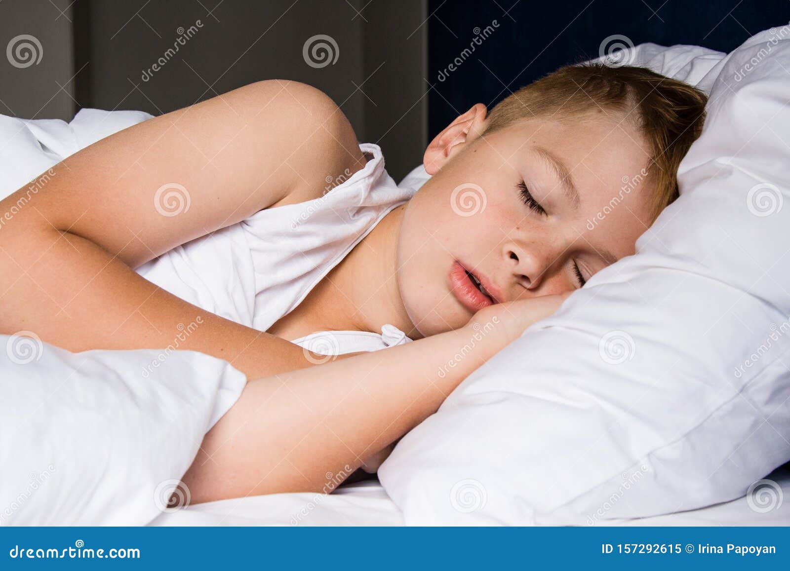Tired Young Boy Sleeping in Bedroom Stock Image - Image of blond ...