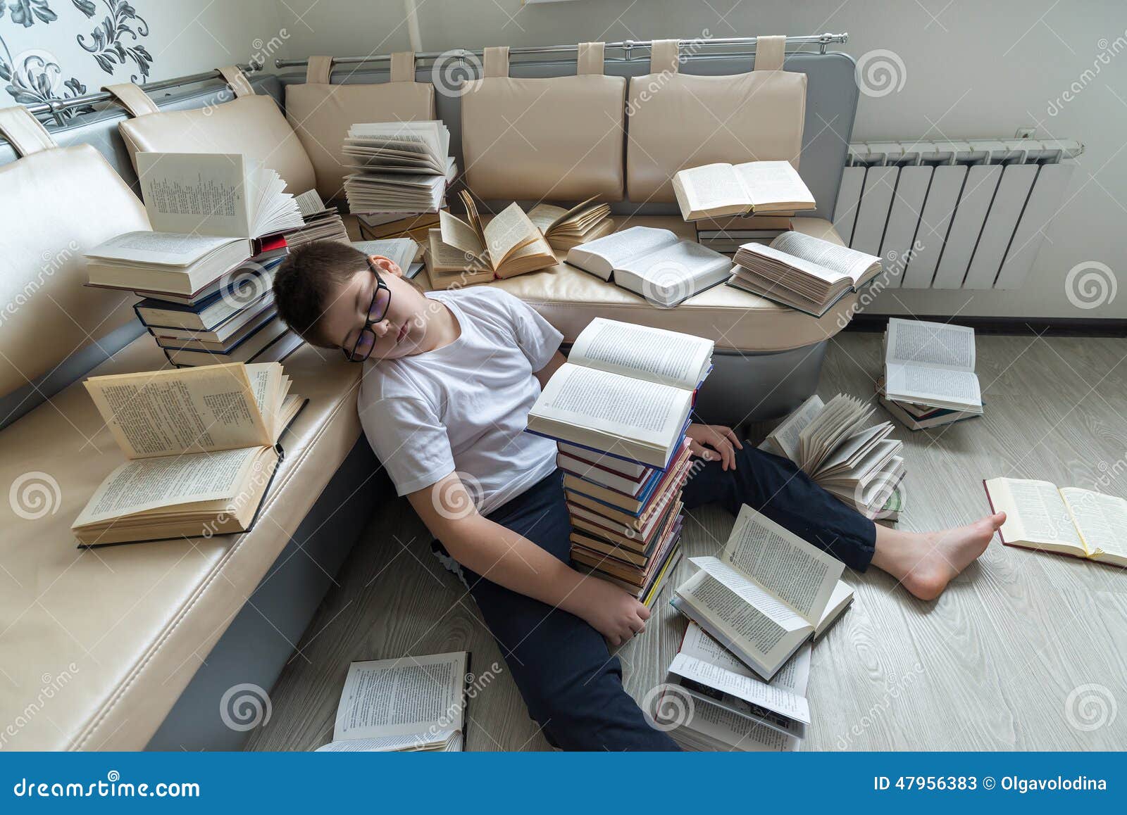 Tired Boy Sleeping Surrounded by Books in Room Stock Image - Image of ...