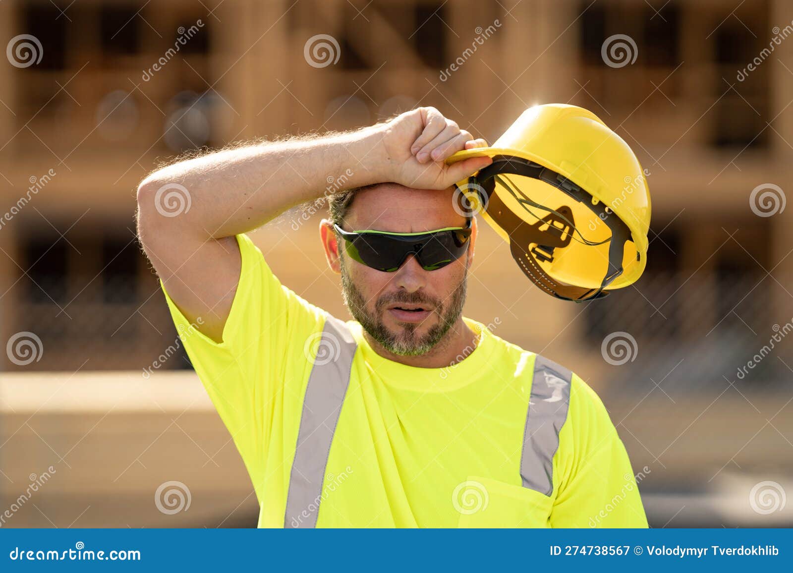 Tired Builder, Hard Work Concept. Builder with Hardhat Helmet on ...
