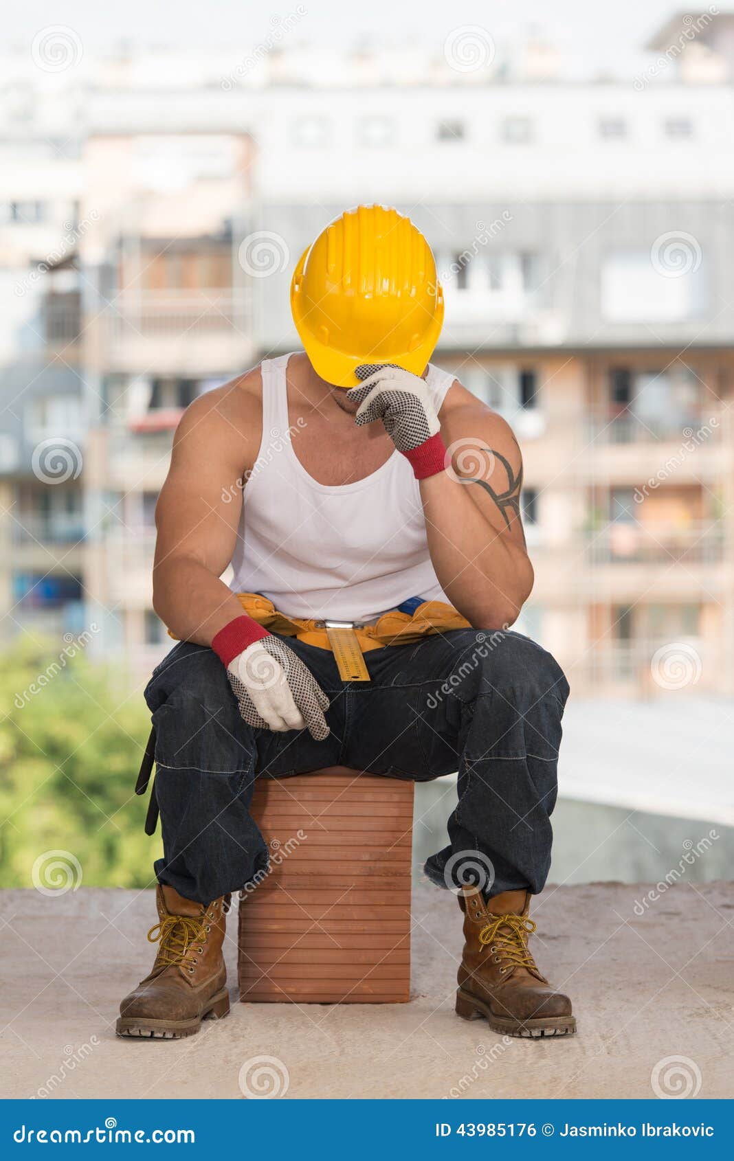 Tired Builder Resting on Brick Stock Photo - Image of company, manager ...