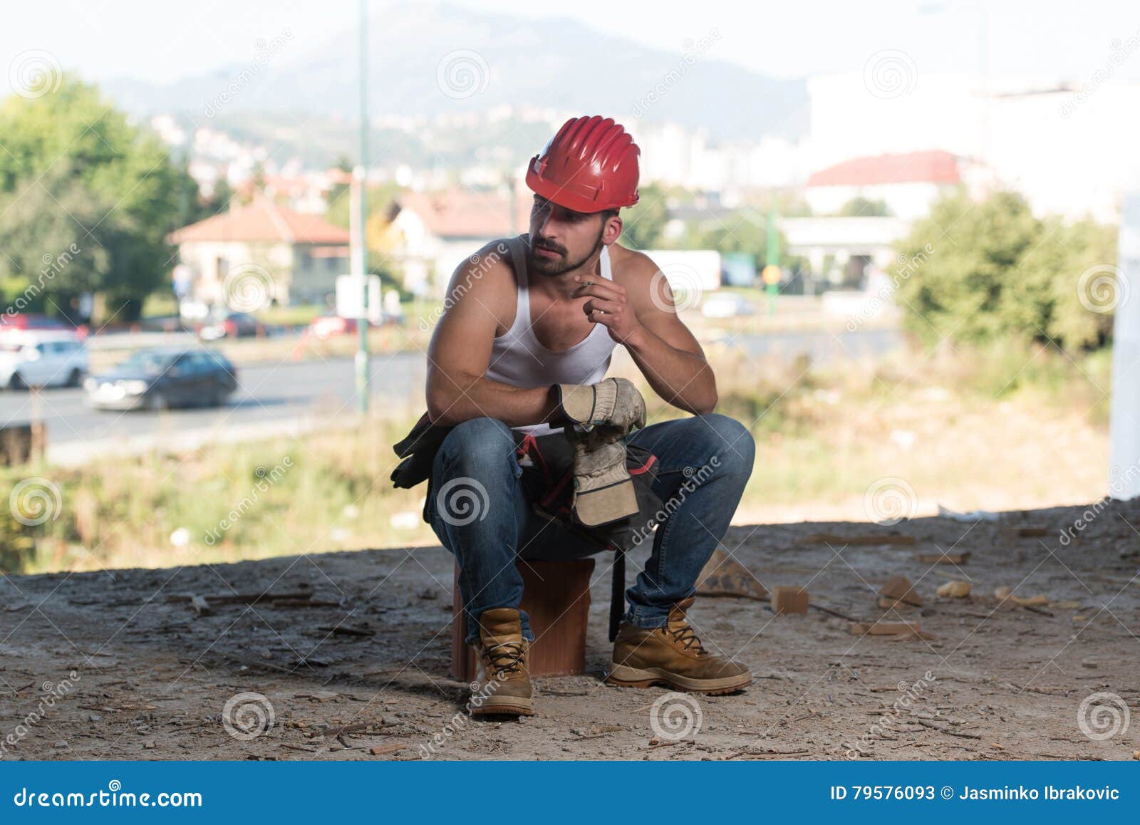 Tired Builder Resting on Brick Stock Image - Image of people, looking ...