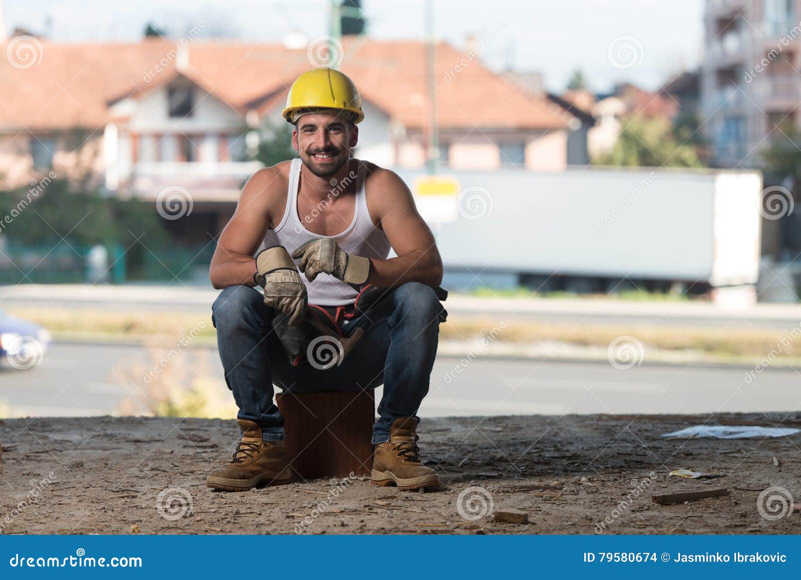 Tired Builder Resting on Brick Stock Photo - Image of architect ...
