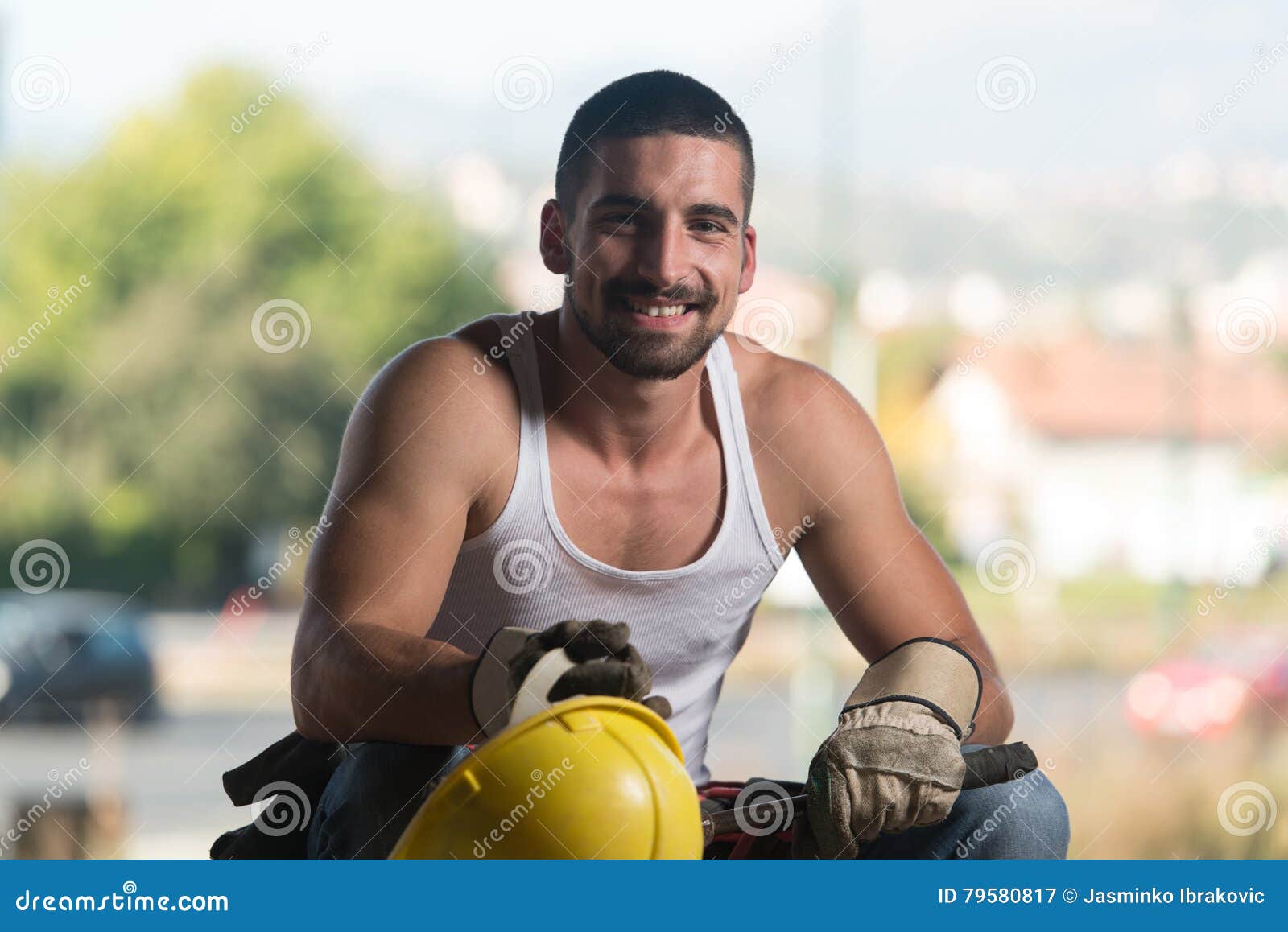 Tired Builder Resting on Brick Stock Image - Image of resting, business ...
