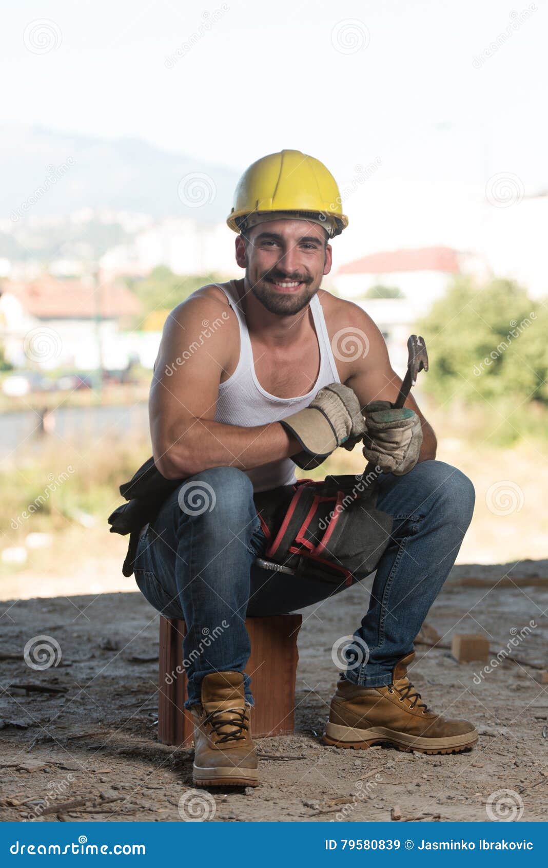 Tired Builder Resting on Brick Stock Image - Image of building ...