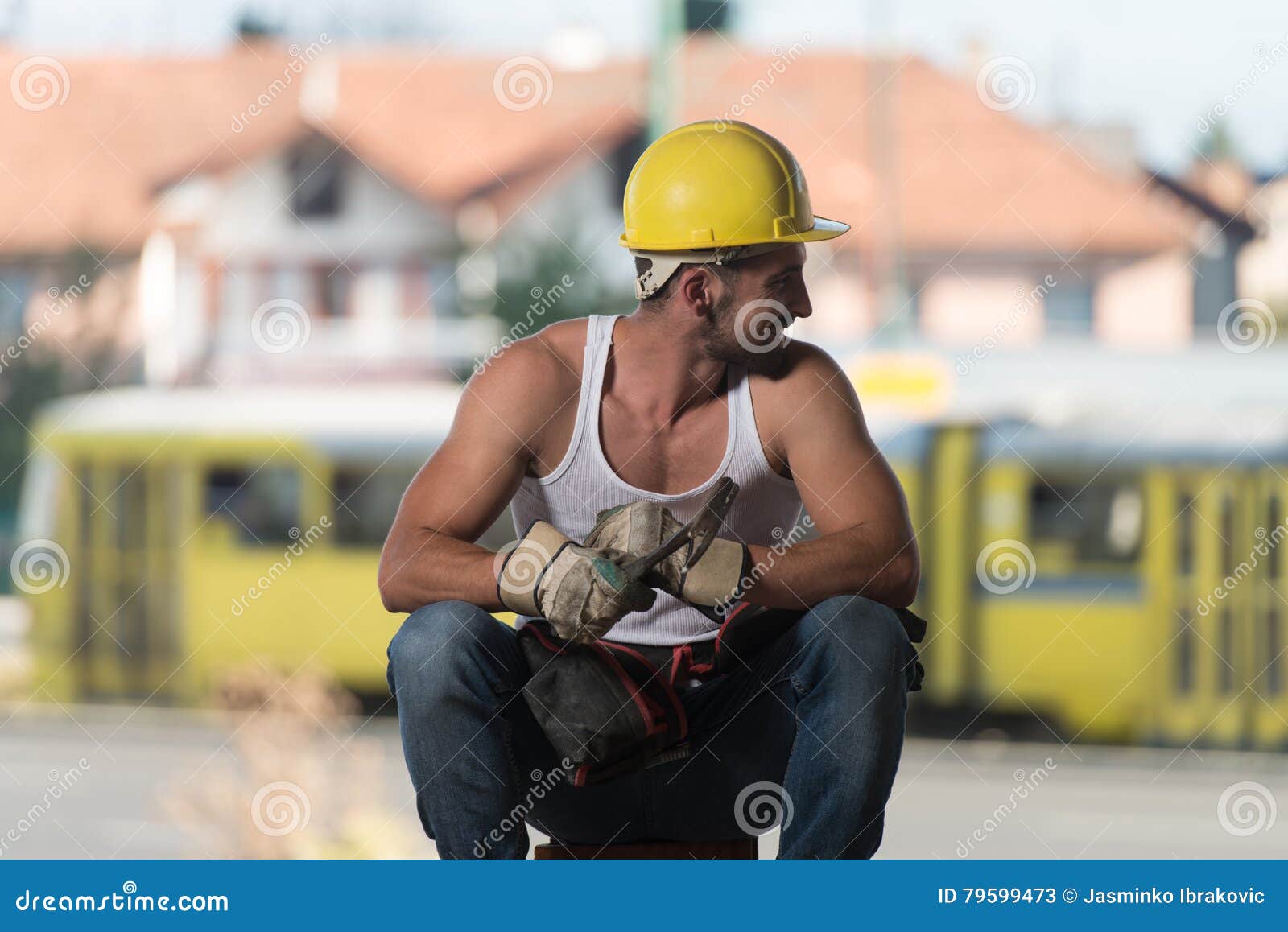 Tired Builder Resting on Brick Stock Image - Image of portrait ...