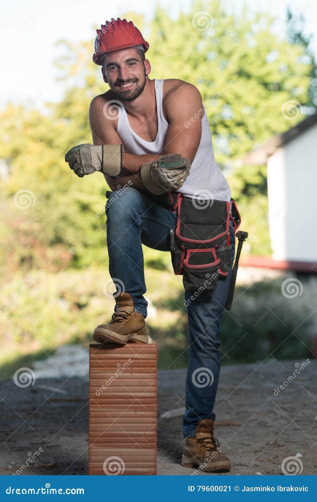 Tired Builder Resting on Brick Stock Image - Image of relaxation ...