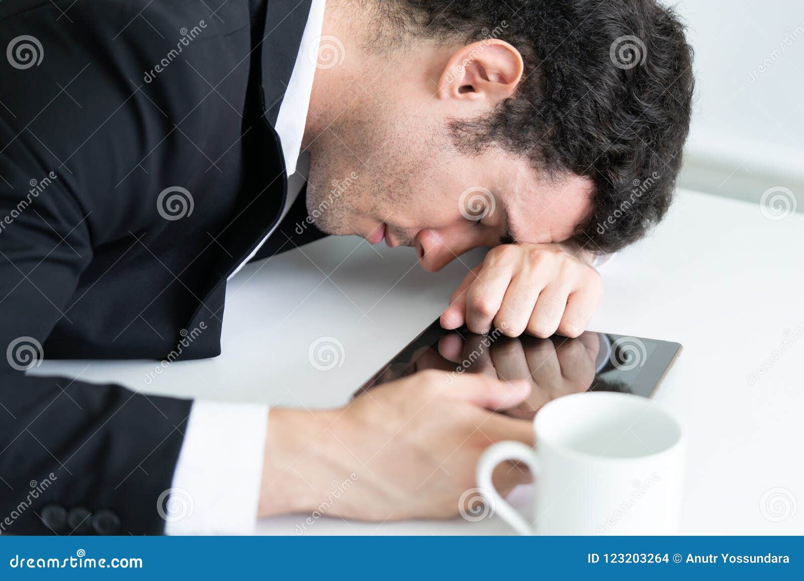 Tired Business Man Fall Asleep on Table Stock Photo - Image of clock ...