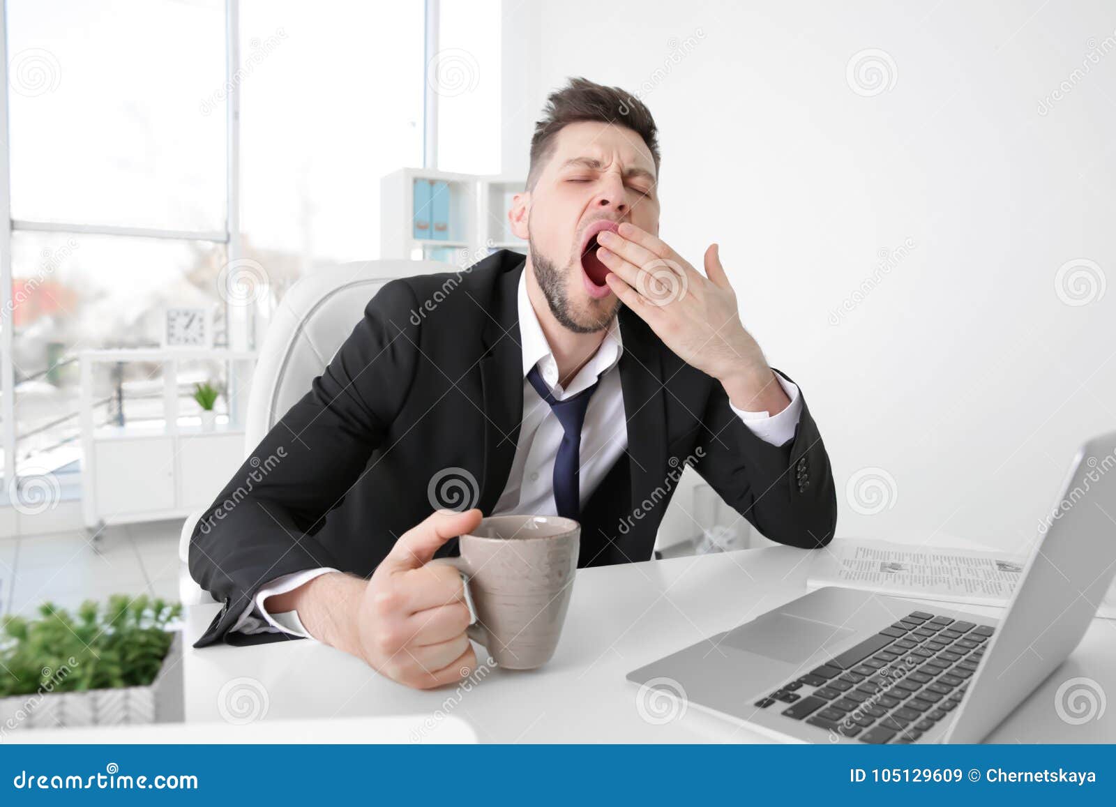 Tired Business Man Yawning at Workplace Stock Image - Image of ...