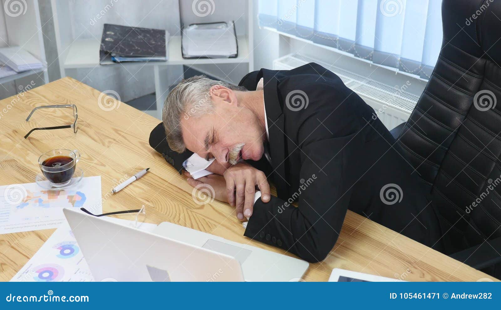Tired Businessman with Laptop Falling Asleep in Office Stock Image ...