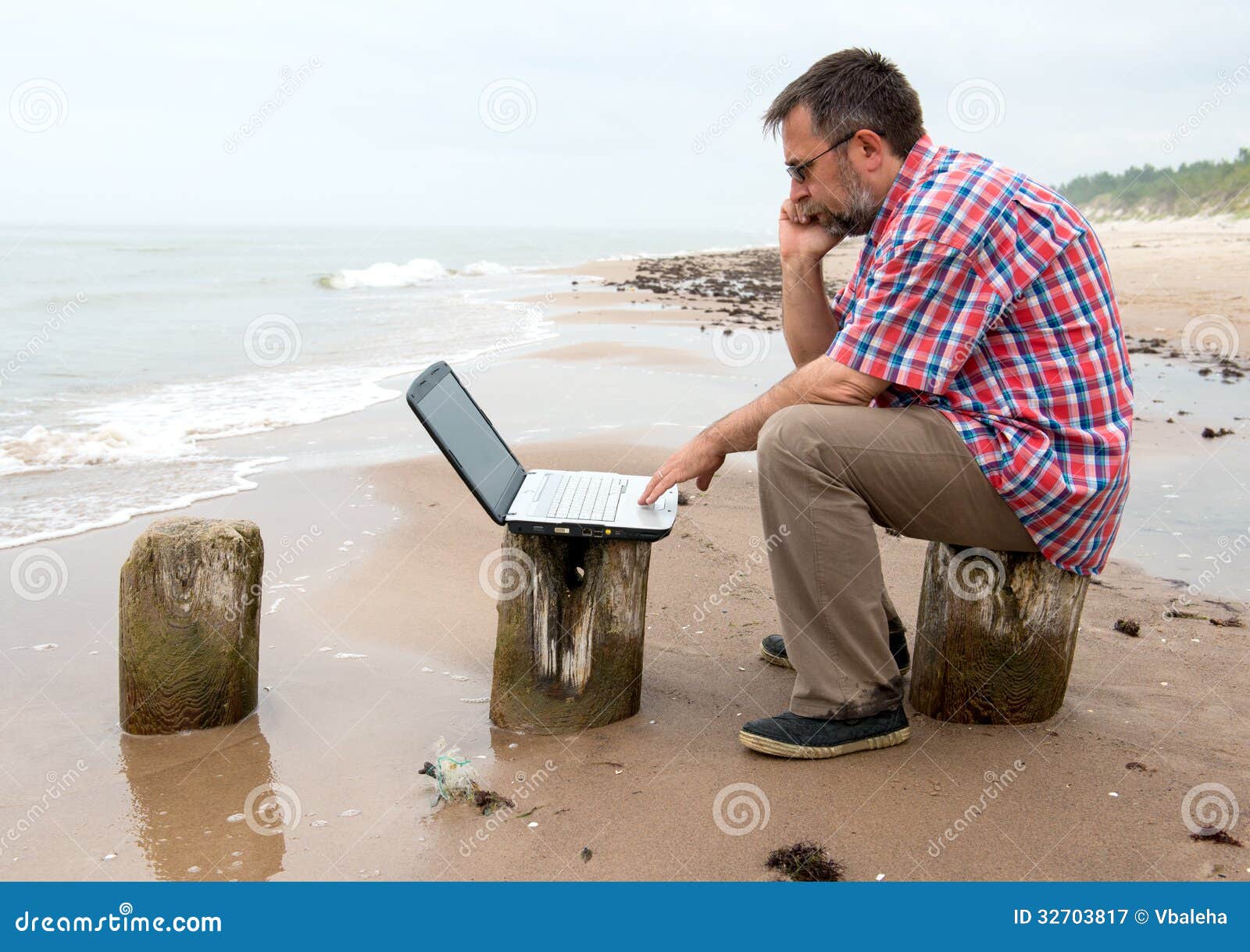 Tired Businessman Sitting with Notebook on Beach Stock Image - Image of ...