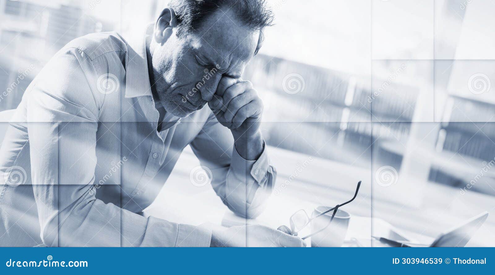 Tired Businessman Sitting in Office, Light Rays Effect, Geometric ...
