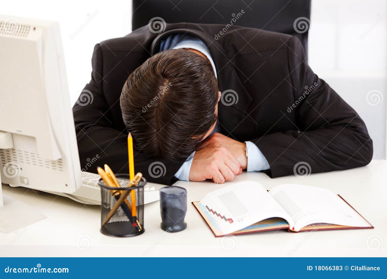 Tired Businessman Sleeping at Desk in Office Stock Image - Image of ...