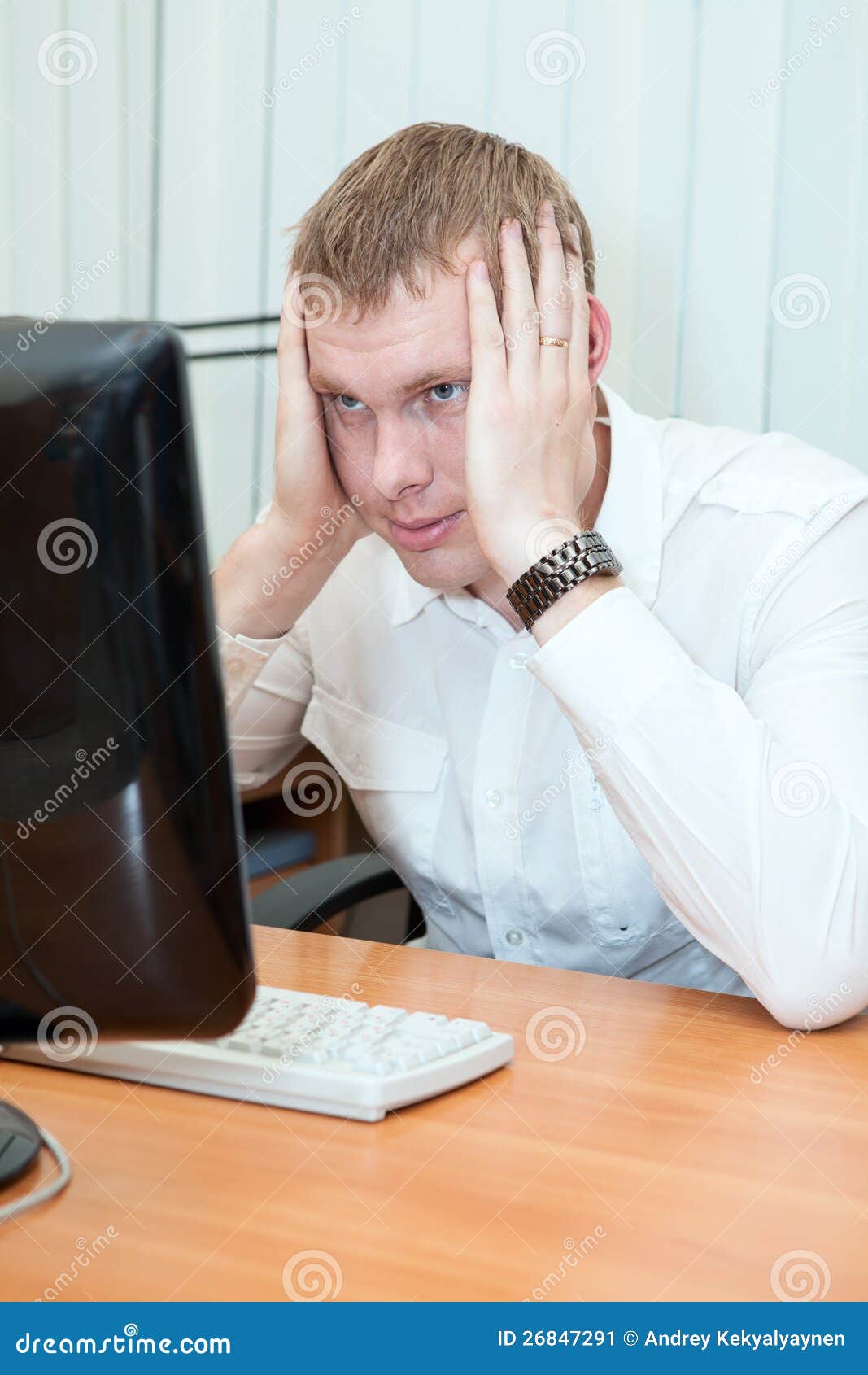 Tired Businessman Working on Computer at Office Stock Image - Image of ...