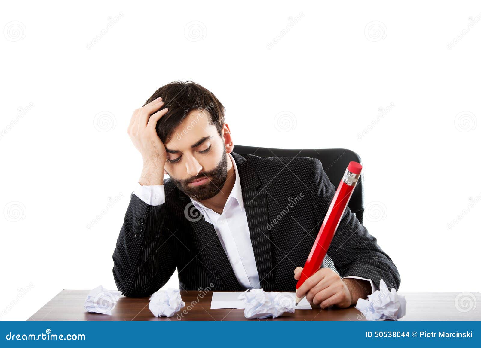 Tired Businessman Writing in the Office Stock Photo - Image of pencil ...