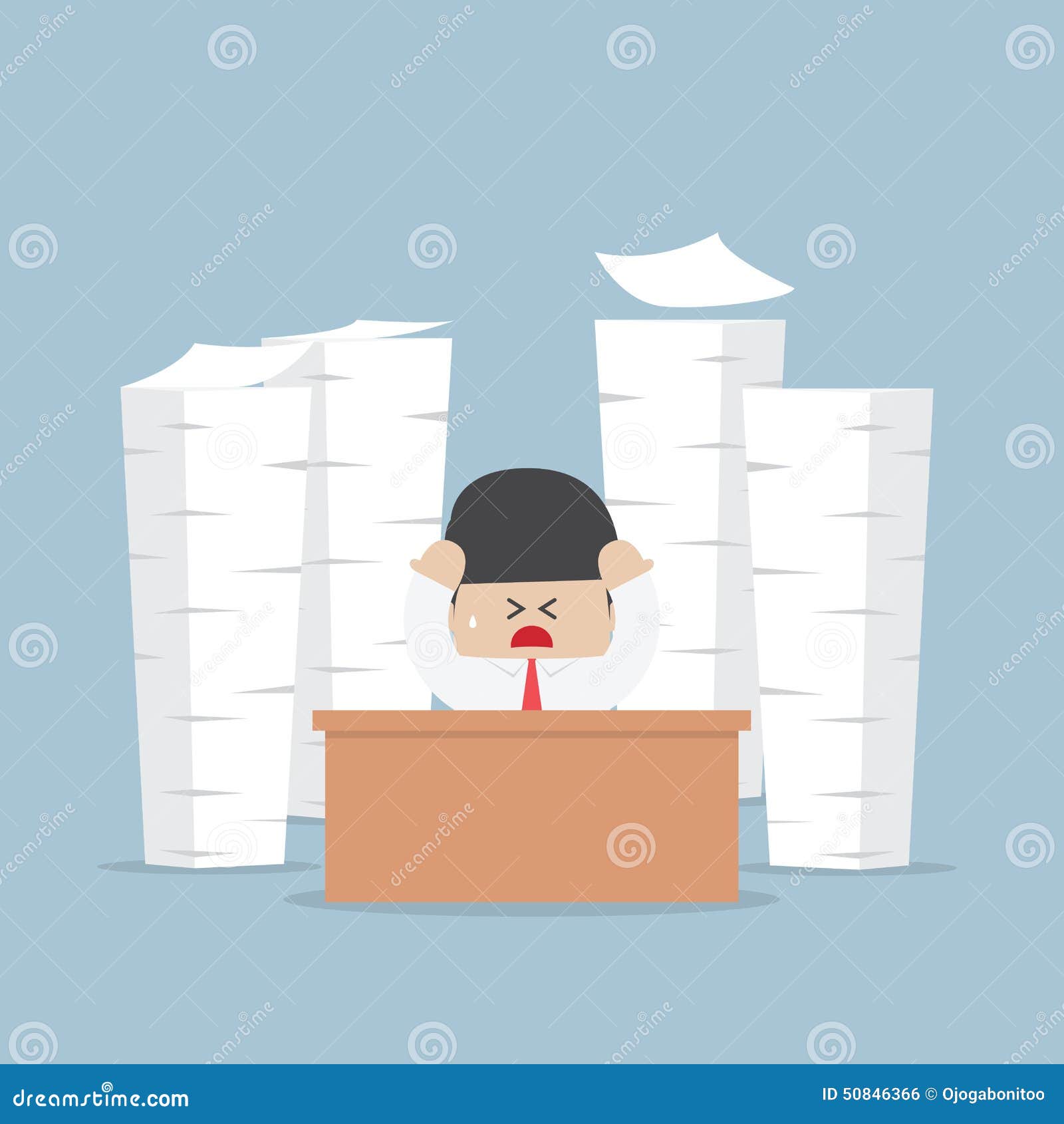 Tired and Busy Businessman with Piles of Work To Do Stock Vector ...