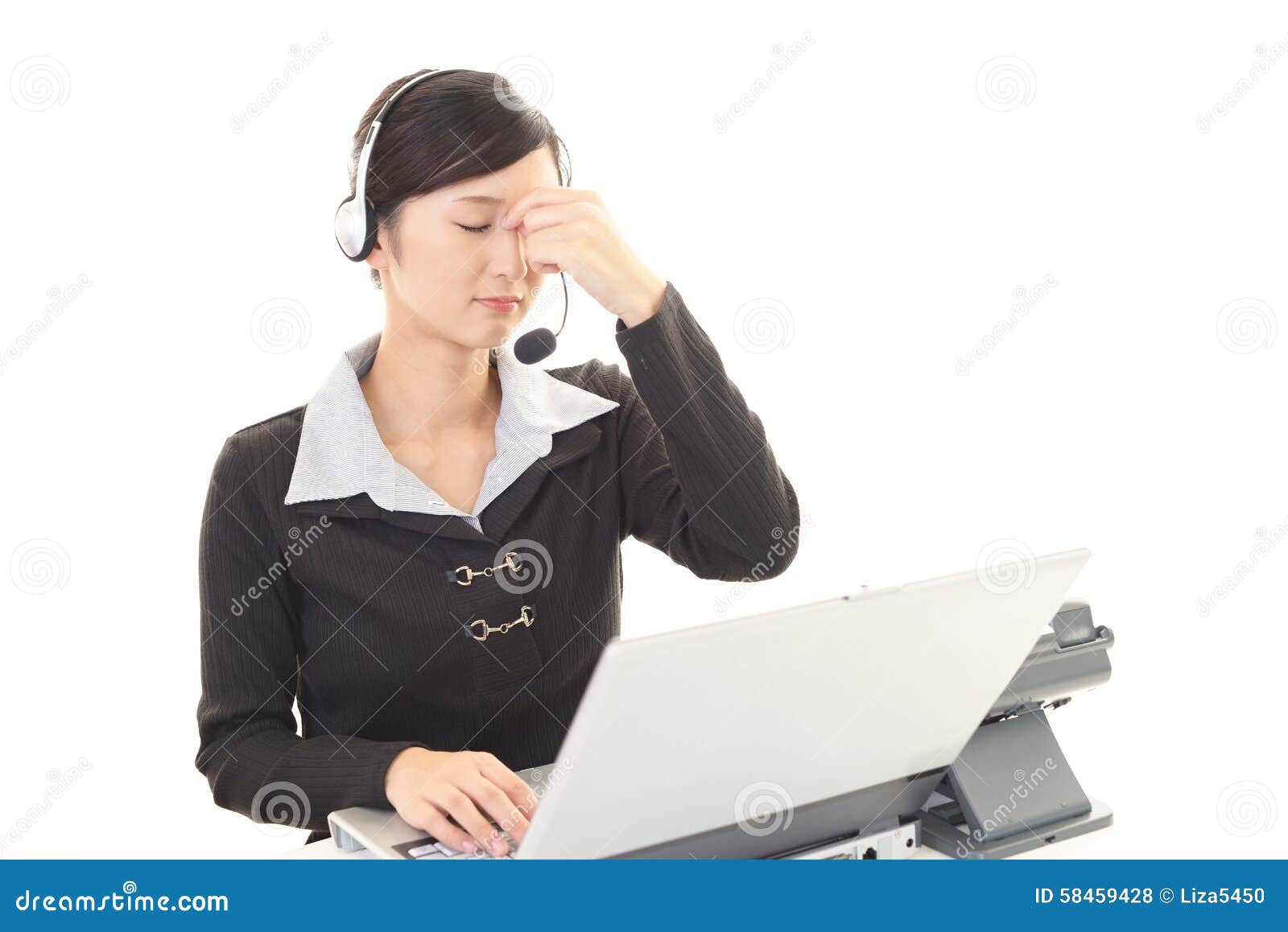 Tired call center operator stock photo. Image of migraine - 58459428