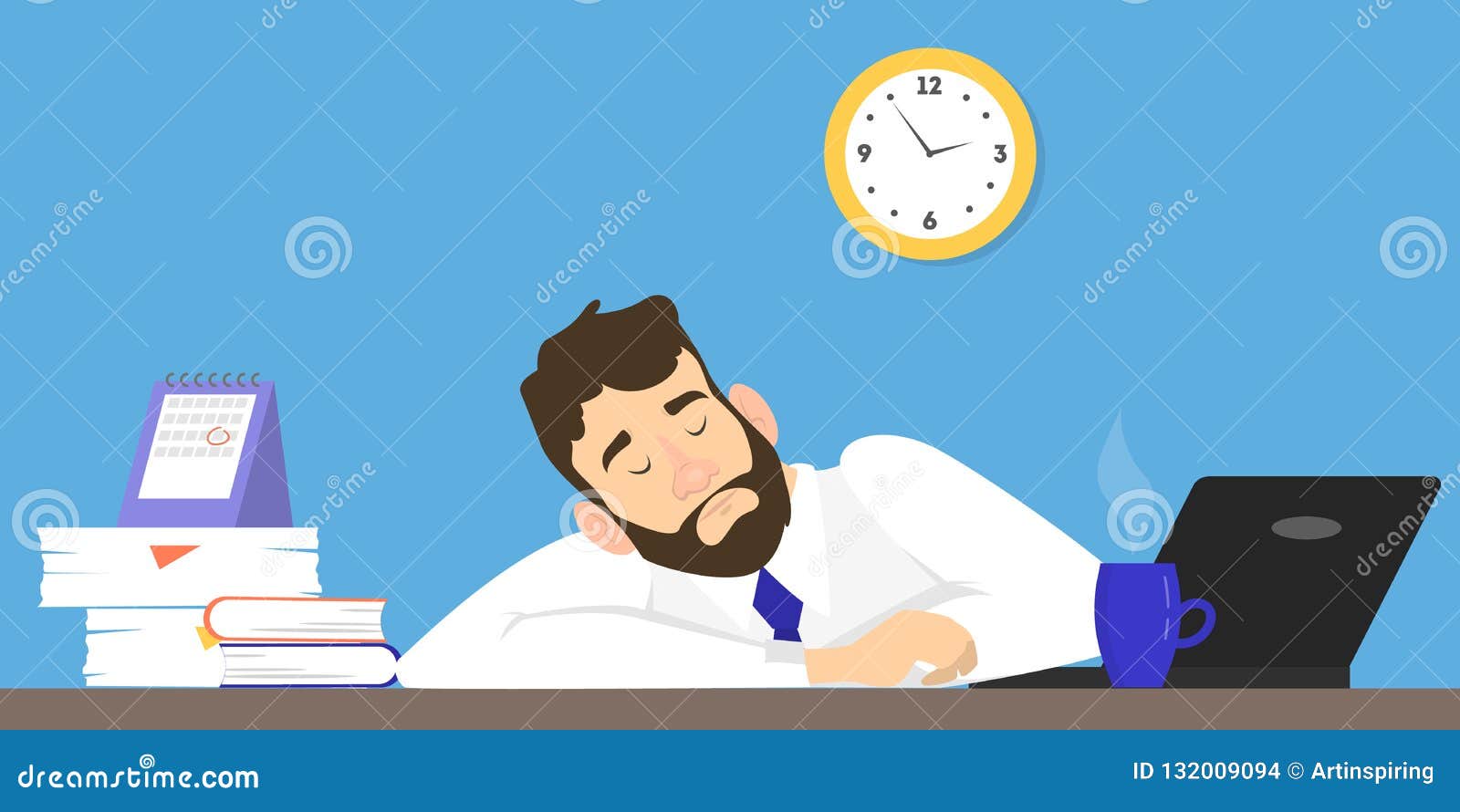 Tired Character at Work in Office. Flat Vector Illustration Stock ...
