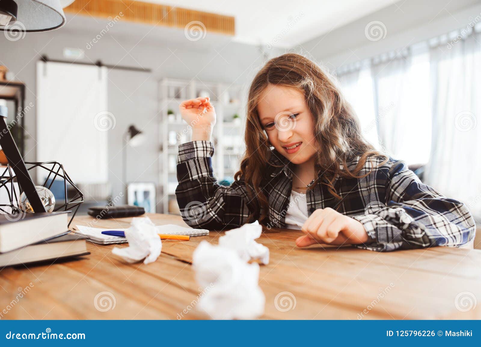 Tired Child Girl Throwing Homework with Mistakes. Stock Photo - Image ...