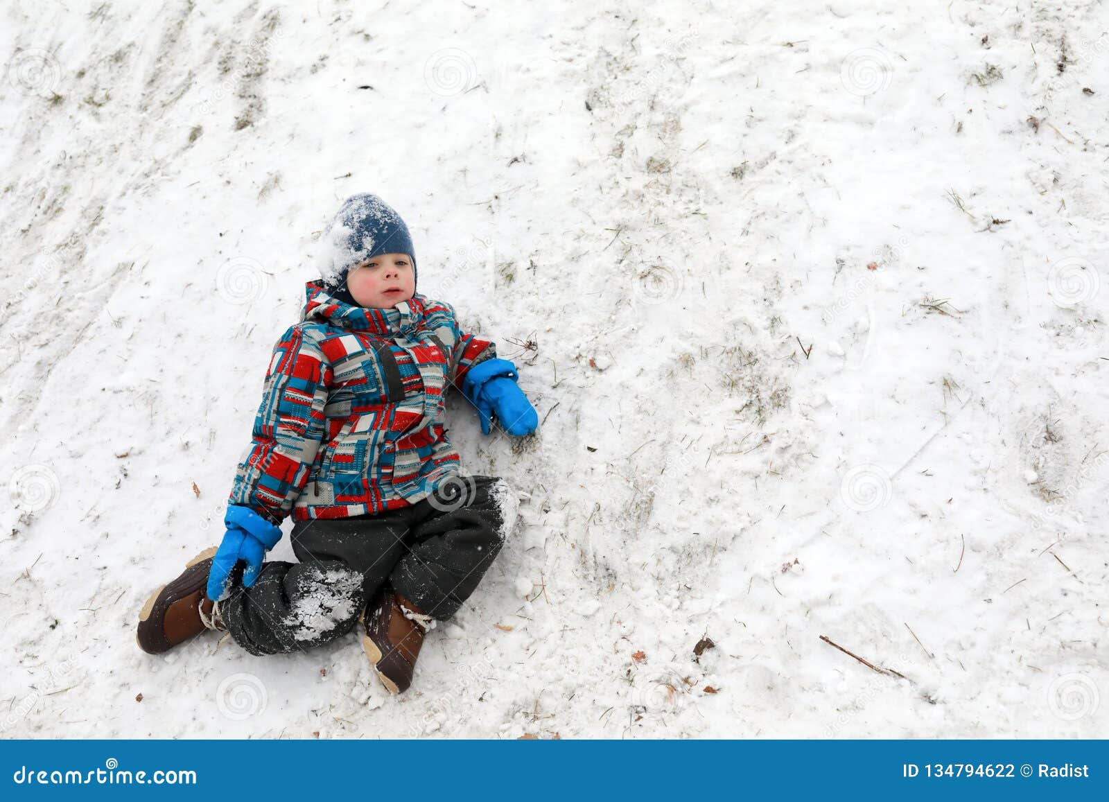 Tired Child Resting on Snow Stock Photo - Image of jacket, outside ...