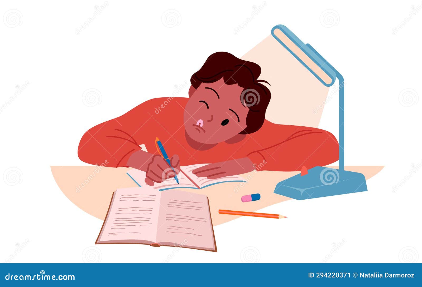 Tired Child Studying at Table Overtime, Learning Difficulty Scene, Boy ...