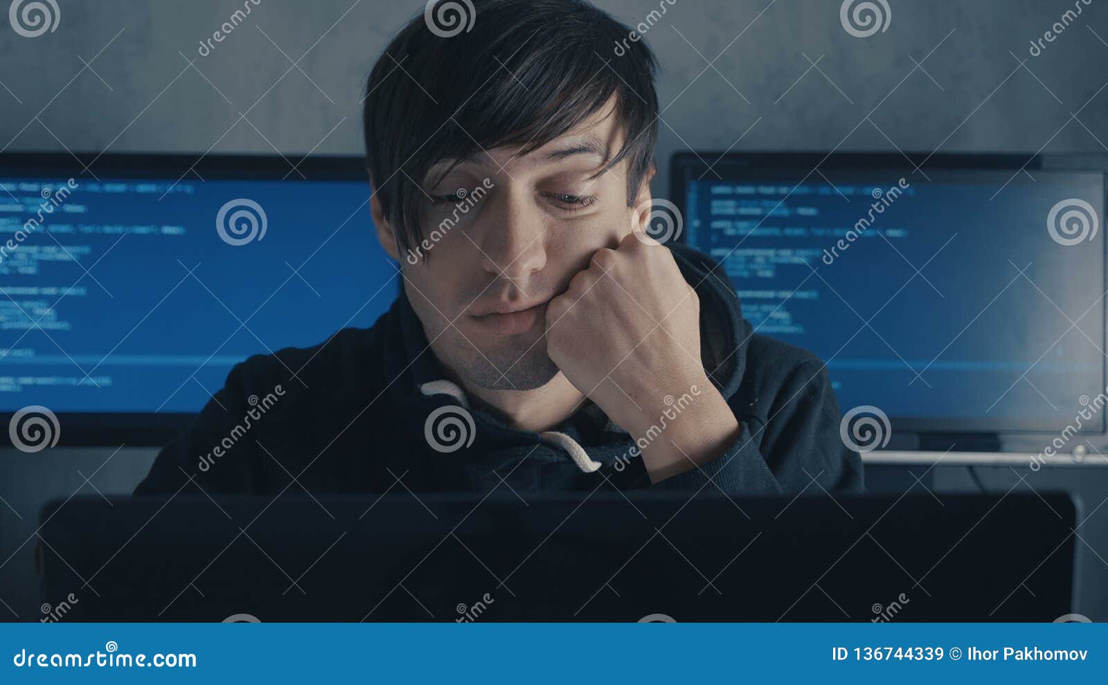 Tired Computer Developer and Hacker is Working Late at Night on His ...