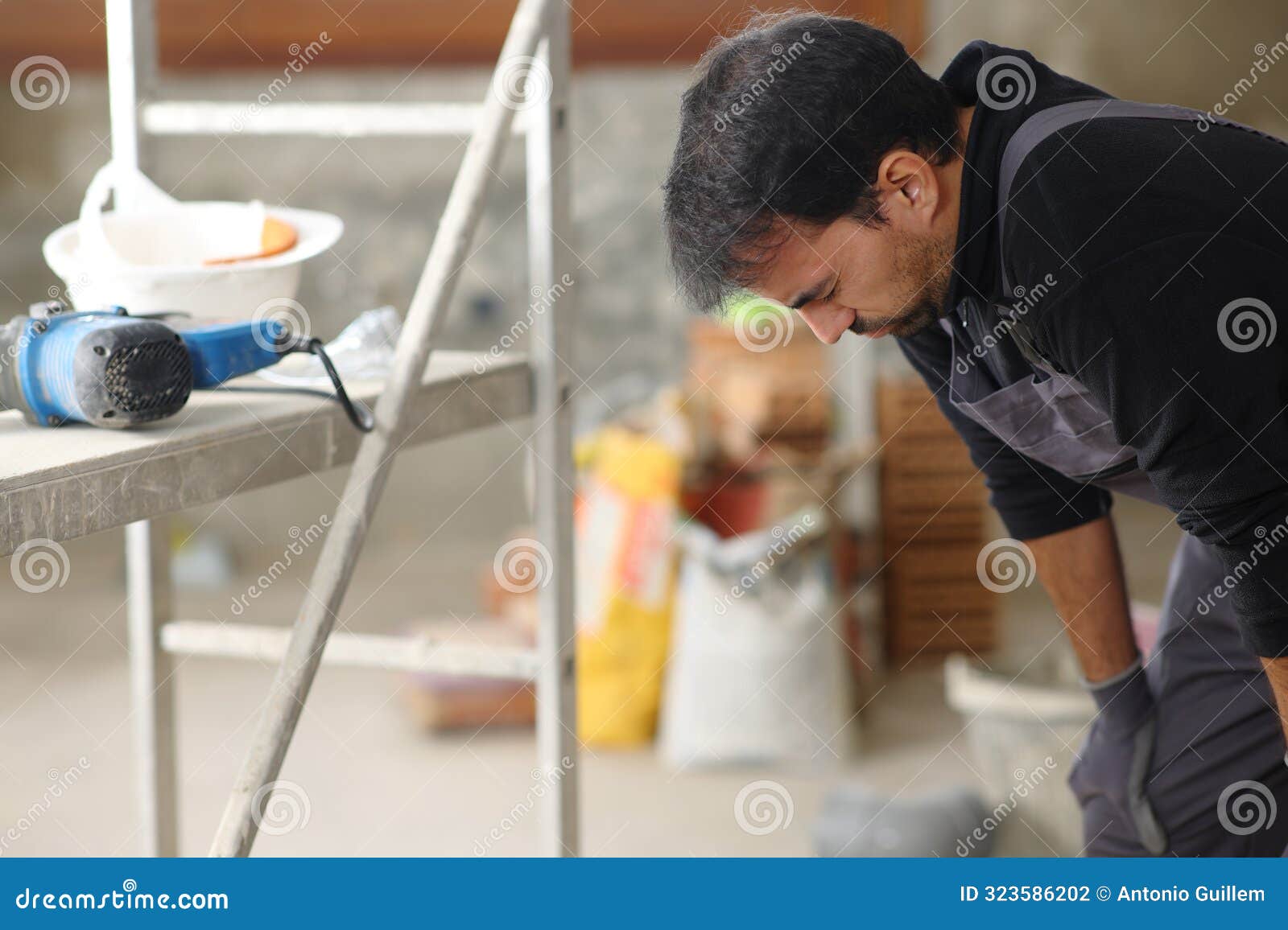 Tired Construction Worker Resting and Complaining Stock Photo - Image ...