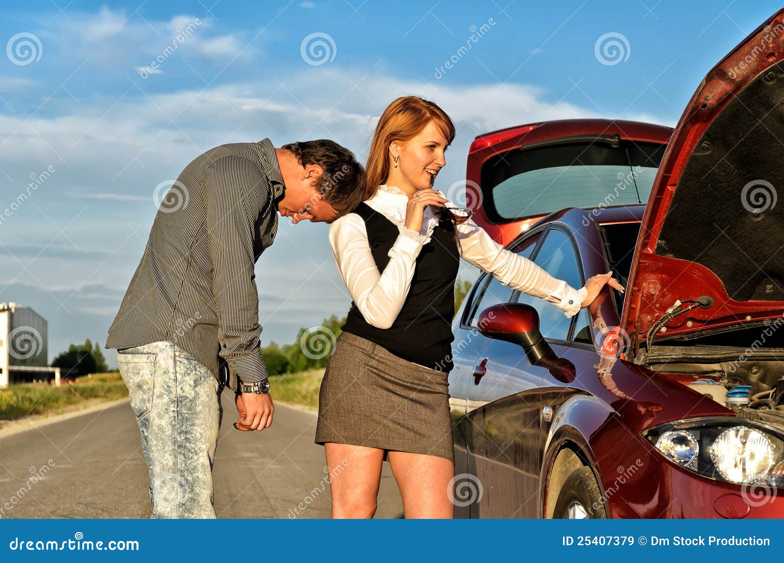 Tired couple near red car stock image. Image of caucasian - 25407379