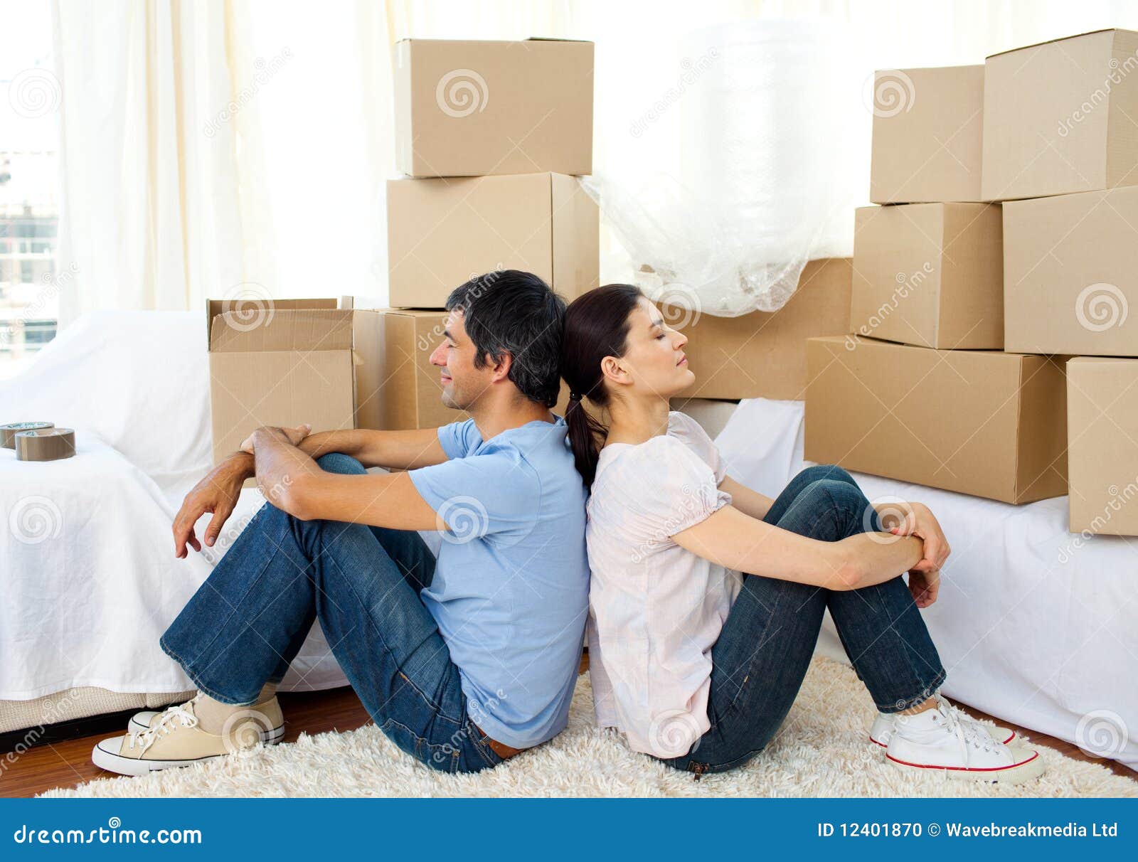 Tired Couple Relaxing while Moving House Stock Photo - Image of change ...
