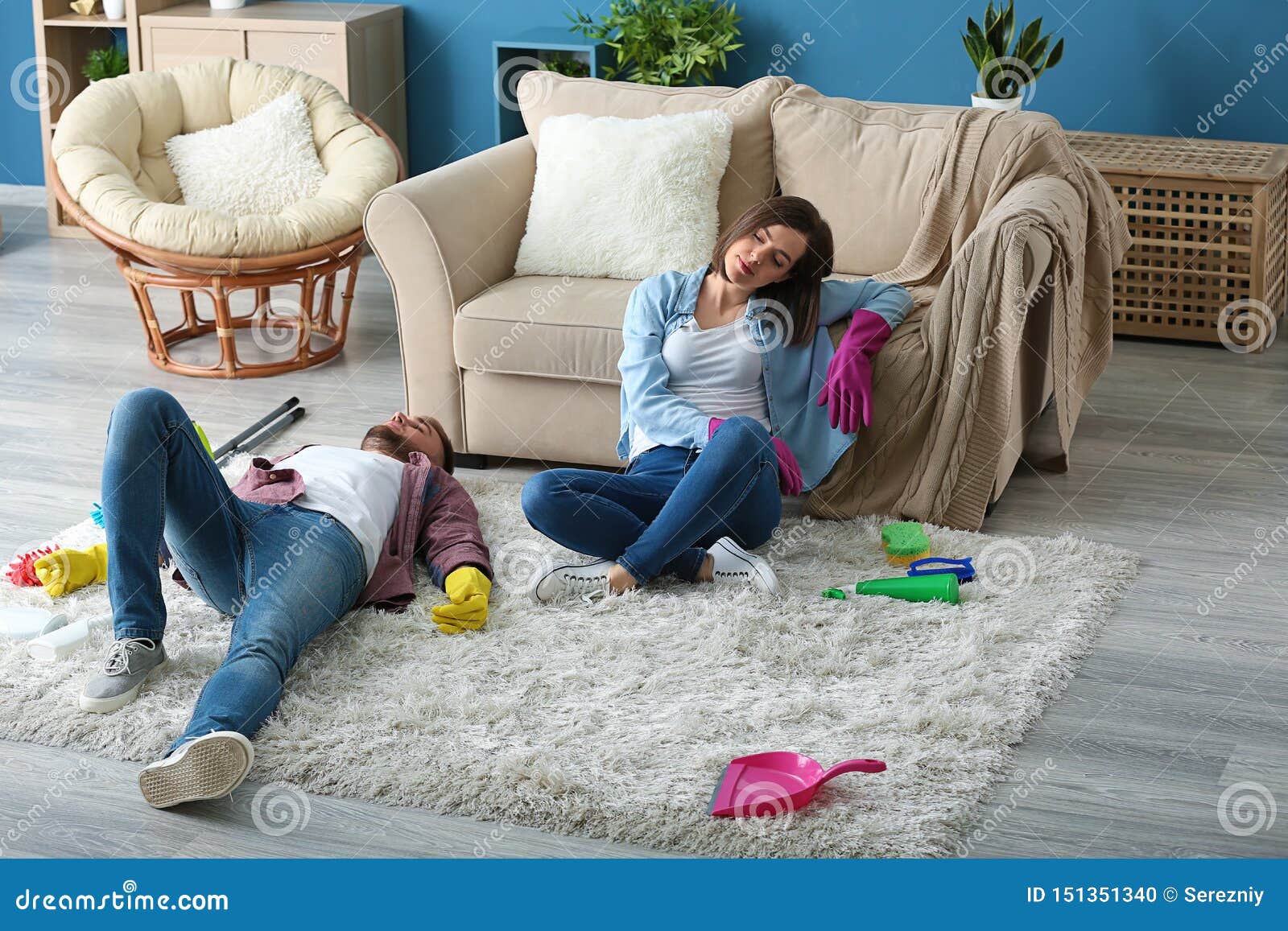 Tired Couple Resting after Cleaning Their Flat Stock Photo - Image of ...