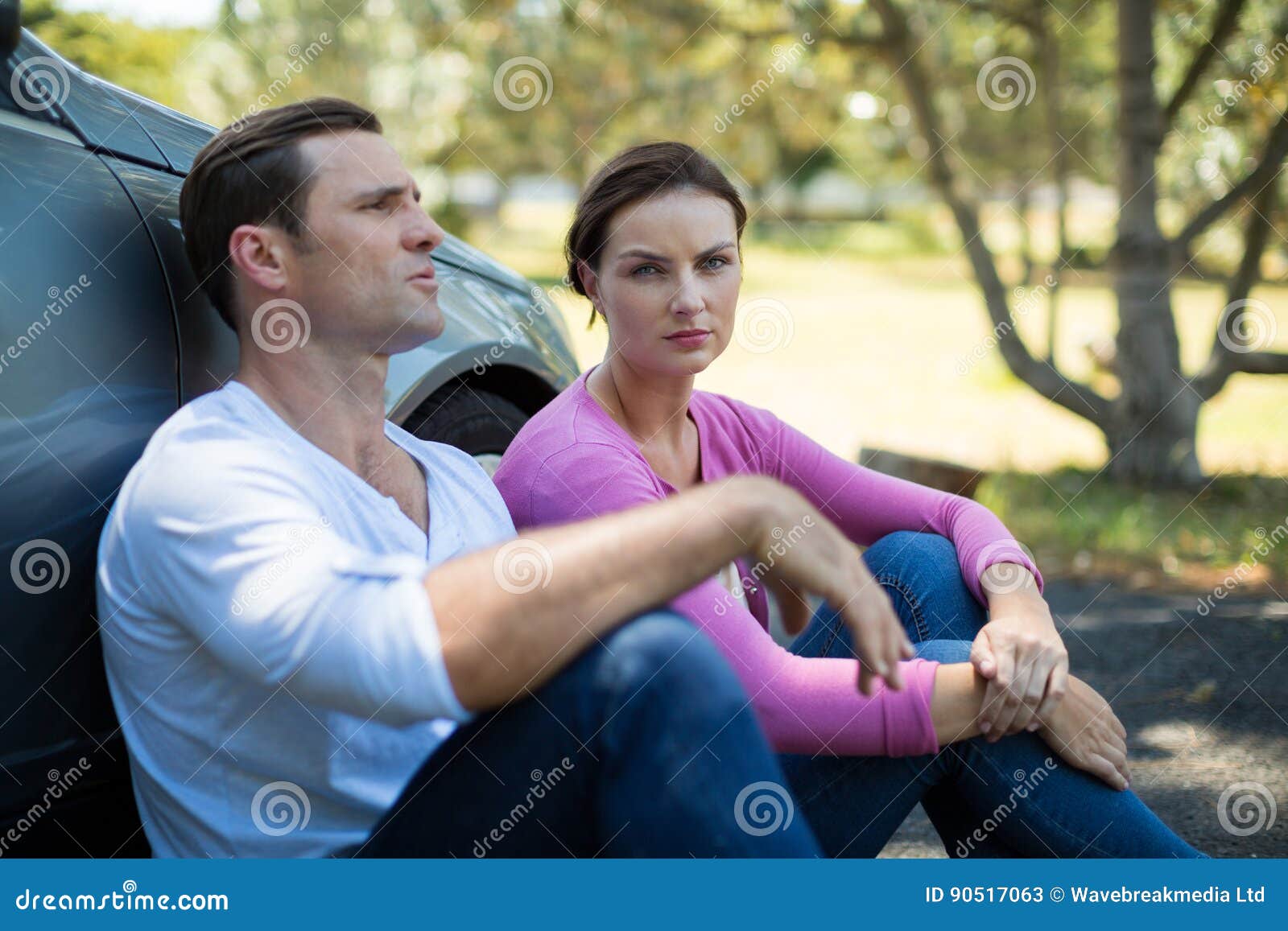 Tired Couple Sitting by Breakdown Car Stock Image - Image of front ...
