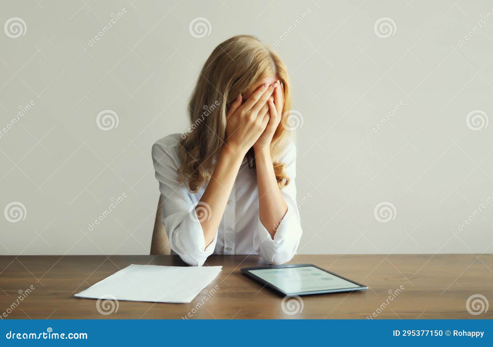Tired Crying Overworked Woman Employee with Headache while Working with ...