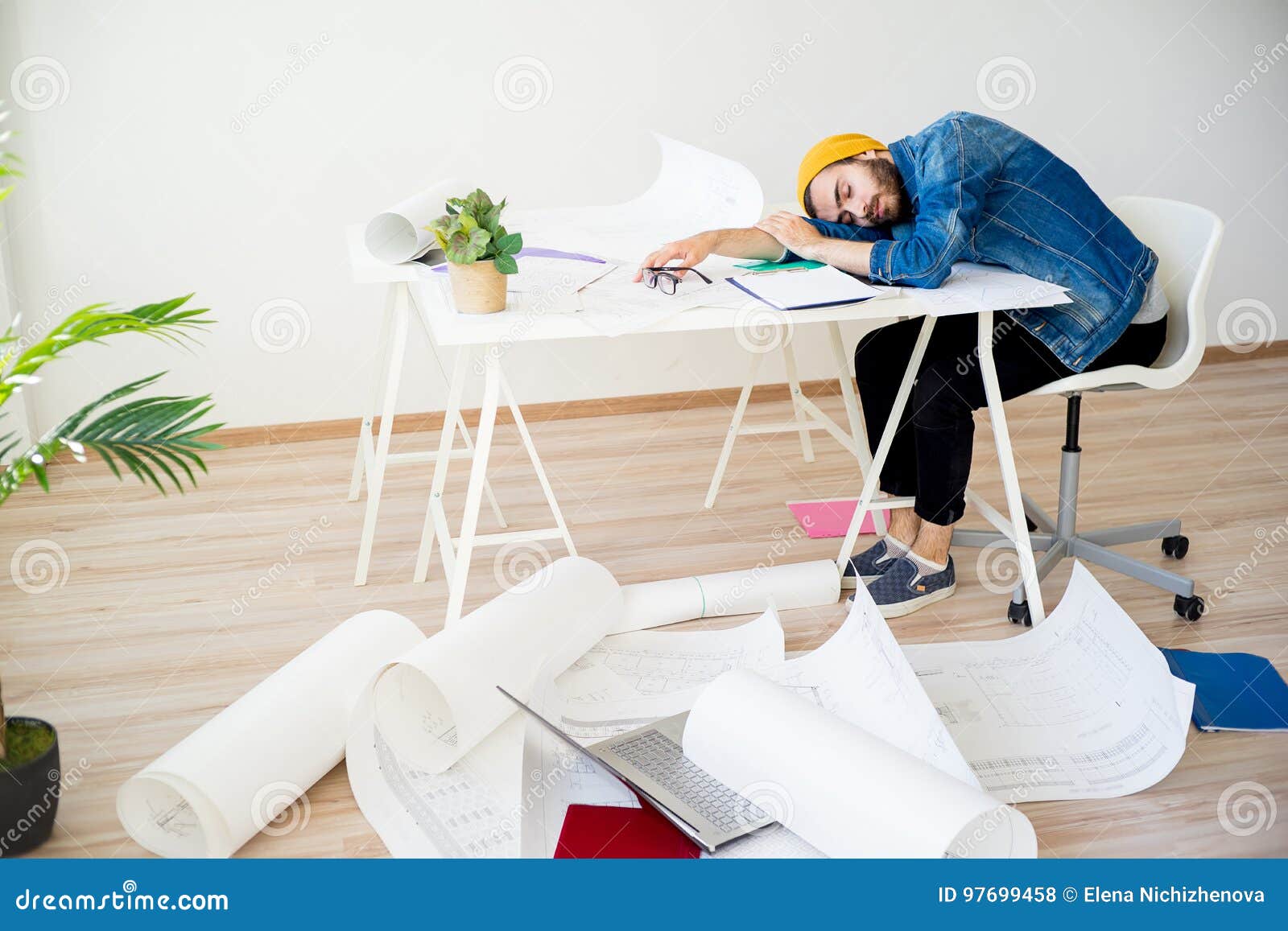 Tired designer sleeping stock photo. Image of architecture - 97699458