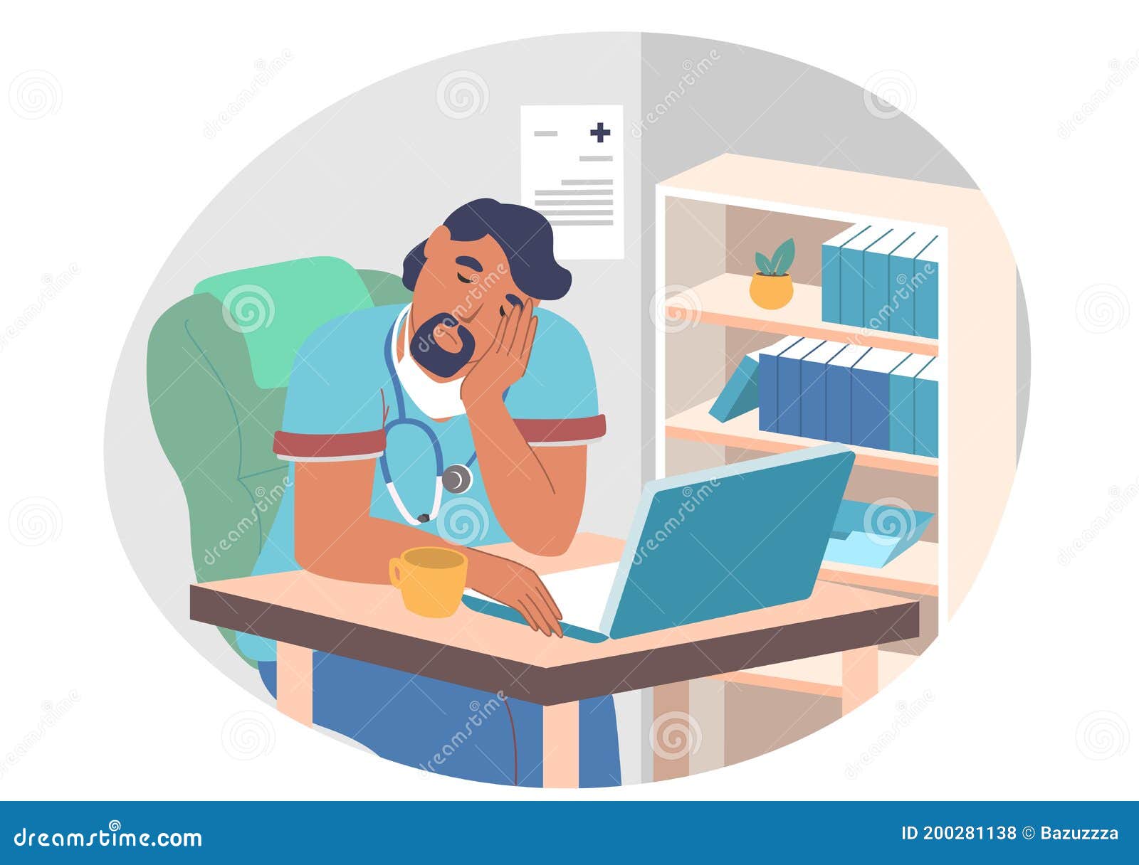 Tired Doctor Sleeping in Office while Sitting at Table with Computer on ...