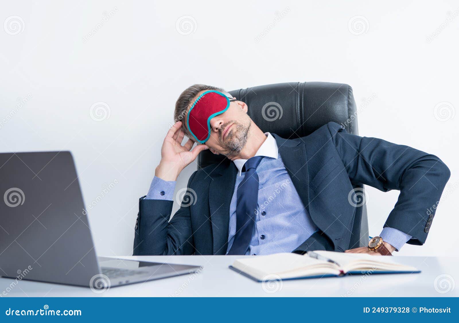 Tired Employer Relax in Sleep Mask at Workplace Stock Photo - Image of ...