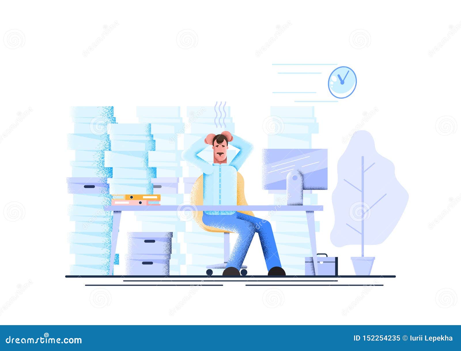 Tired and Exasperated Office Worker is Grabbed His Head among Piles of ...