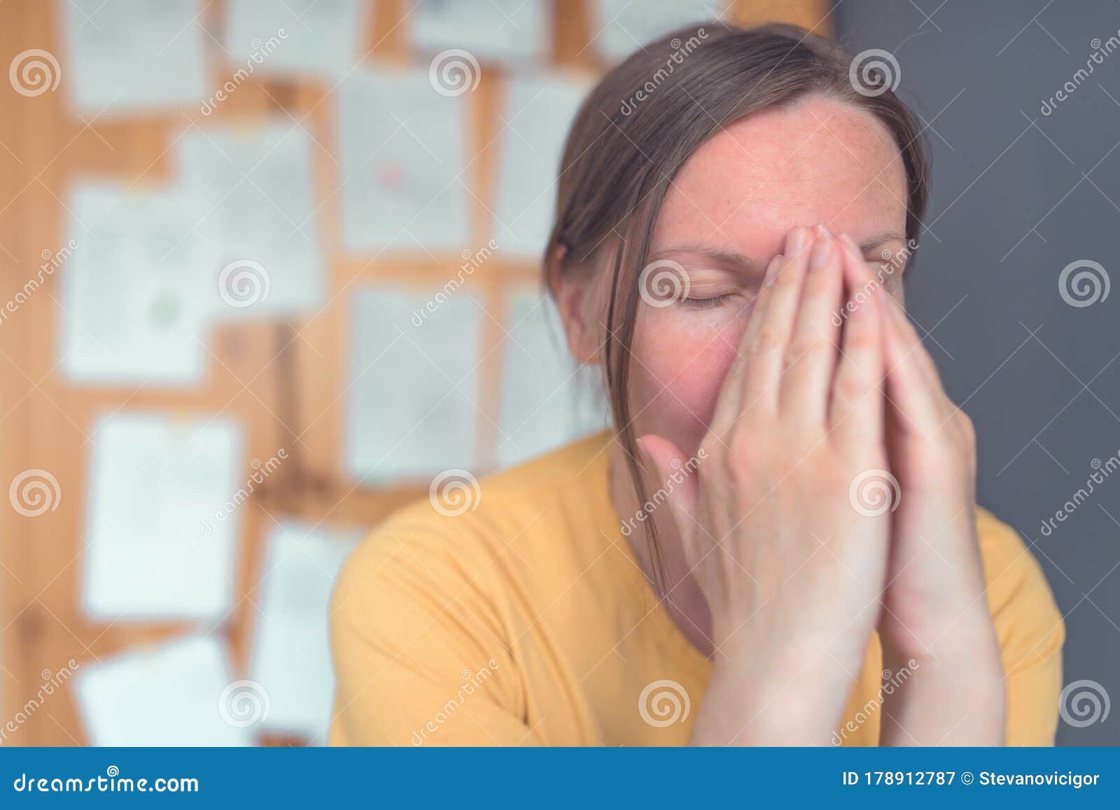 Tired Exhausted Female Freelancer Working from Home Stock Image - Image ...