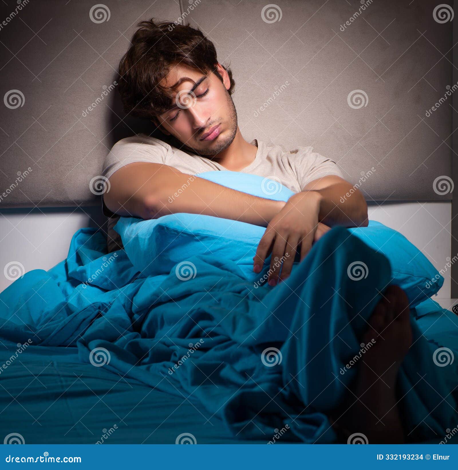 Tired Exhausted Man Sleeping in His Bed Stock Photo - Image of home ...