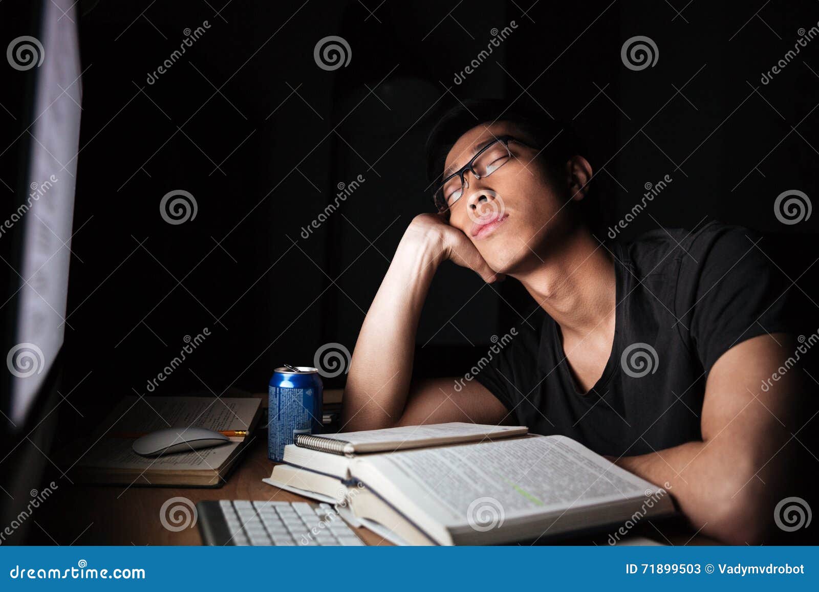 Tired Exhausted Man Studying and Sleeping in Front of Computer Stock ...